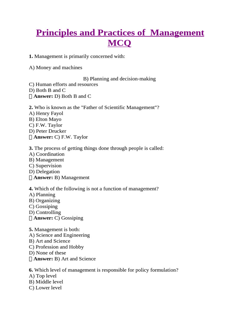 Management Principles MCQs Guide | PDF | Planning | Business