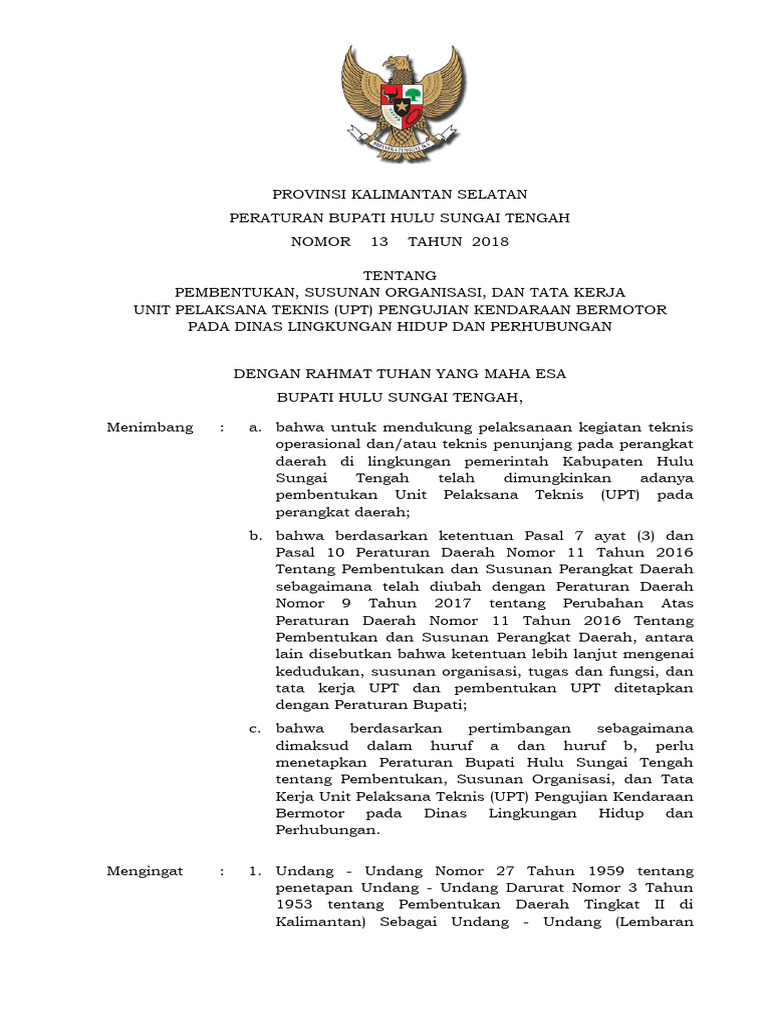 Perbup No.13 TTG Pembentukan Sotk Upt Pengujian Kendaraan Bermotor Pada ...