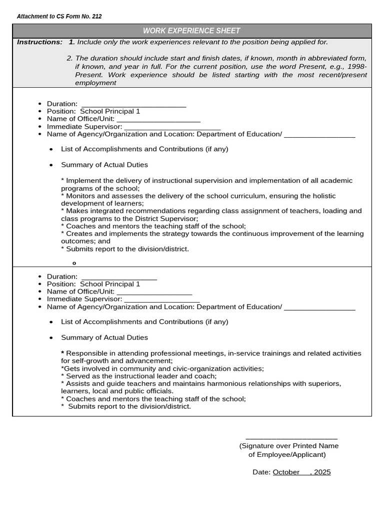 #2 CS Form No 212 Attachment Work Experience Sheet Blank | PDF ...