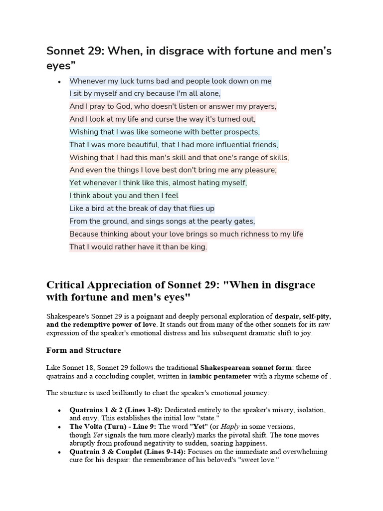 Analysis of Shakespeare's Sonnet 29 | PDF | Sonnets | Literary Criticism