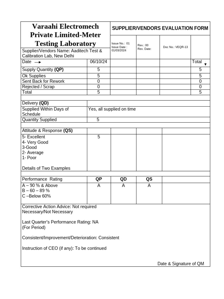 Supplier Evaluation Form for Meter Testing | PDF