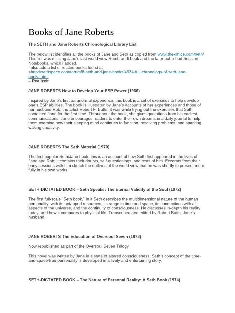 Jane Roberts' Seth Books Overview | PDF | Mediumship | Spiritual Writers