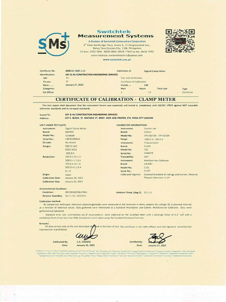 Scan2024!07!17 - Clamp Meter Calibration Certificate | PDF ...