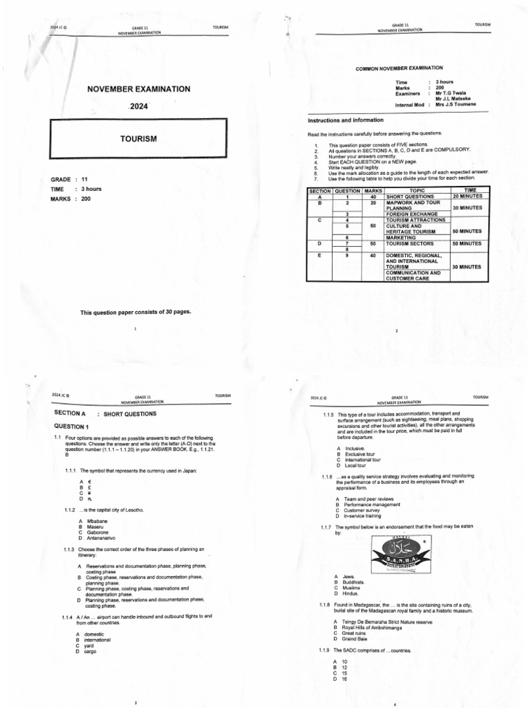 Grade 11 Tourism 2024 November Q Paper | PDF