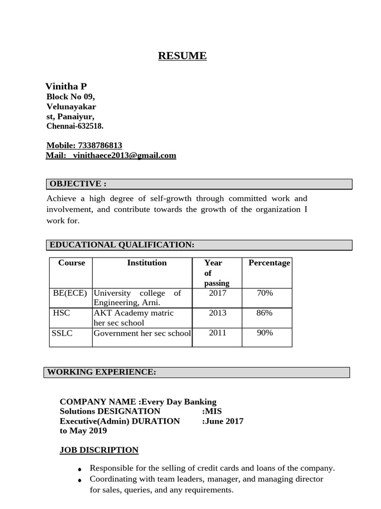 MY RESUME Oct22 - Vinitha | PDF | Credit | Finance & Money Management