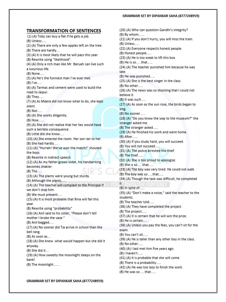 Transformation of Sentences-1 | PDF