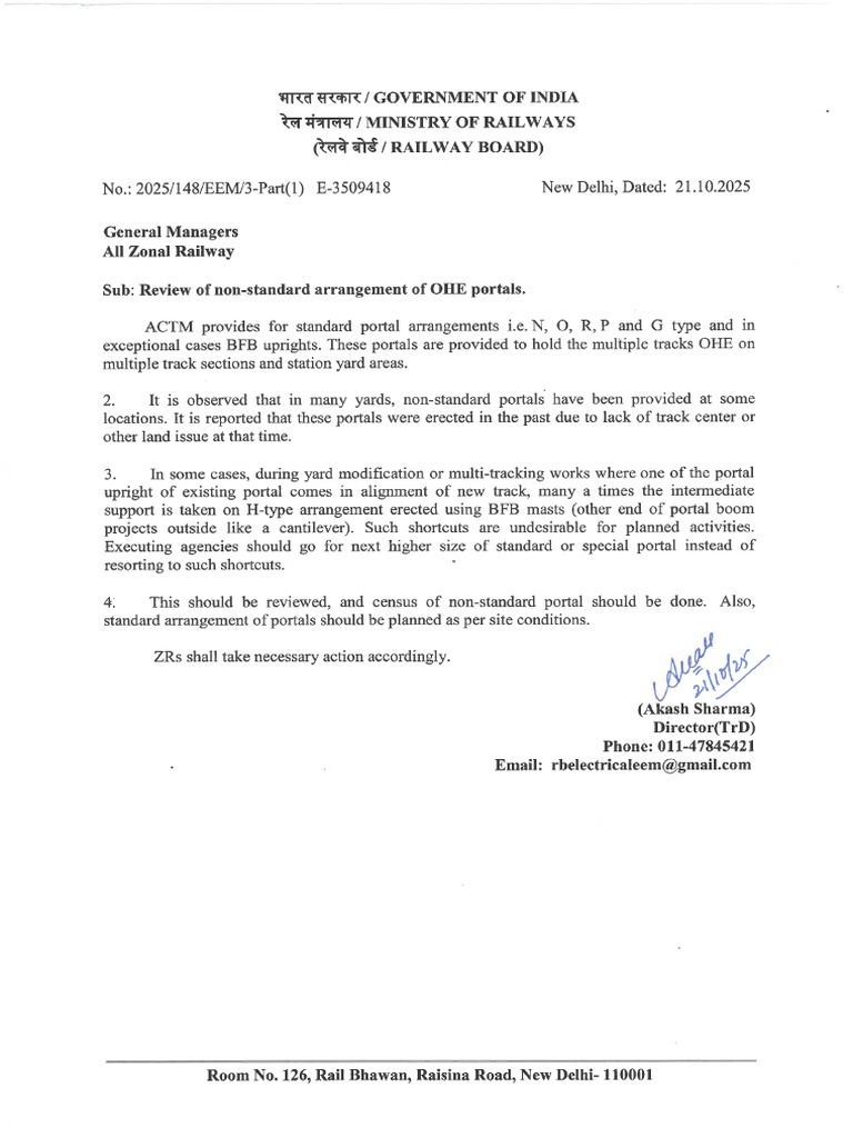 RB Letter Dtd. 21.10.2025 Reg Review of Non-Standard Arrangement of OHE ...
