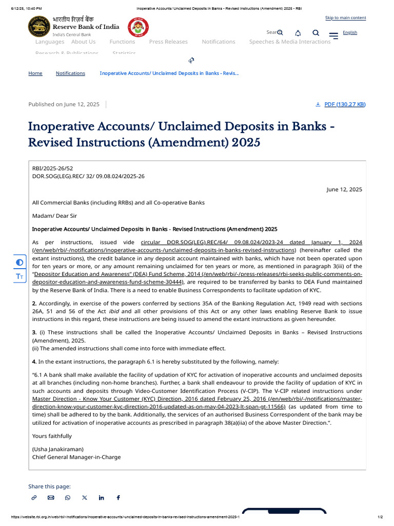 Revised Guidelines for Unclaimed Deposits | PDF | Reserve Bank Of India ...