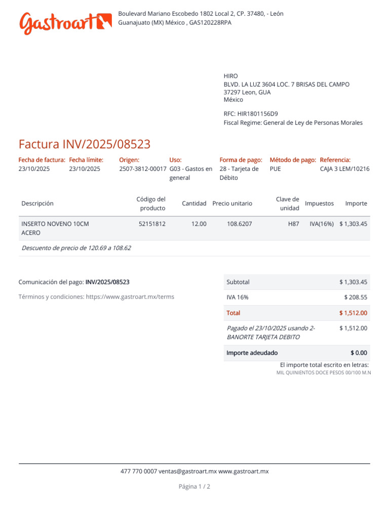INV INV202508523 MX Invoice 4.0 | PDF | Factura | Pagos