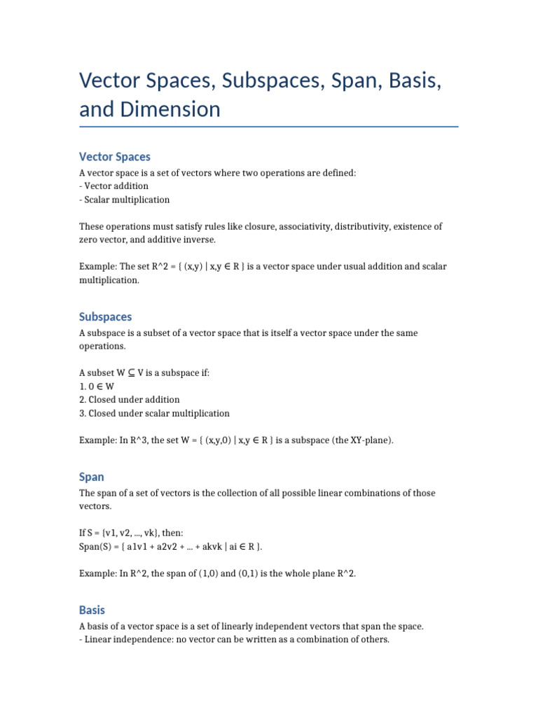 Vector Spaces Subspaces Span Basis Dimension | PDF