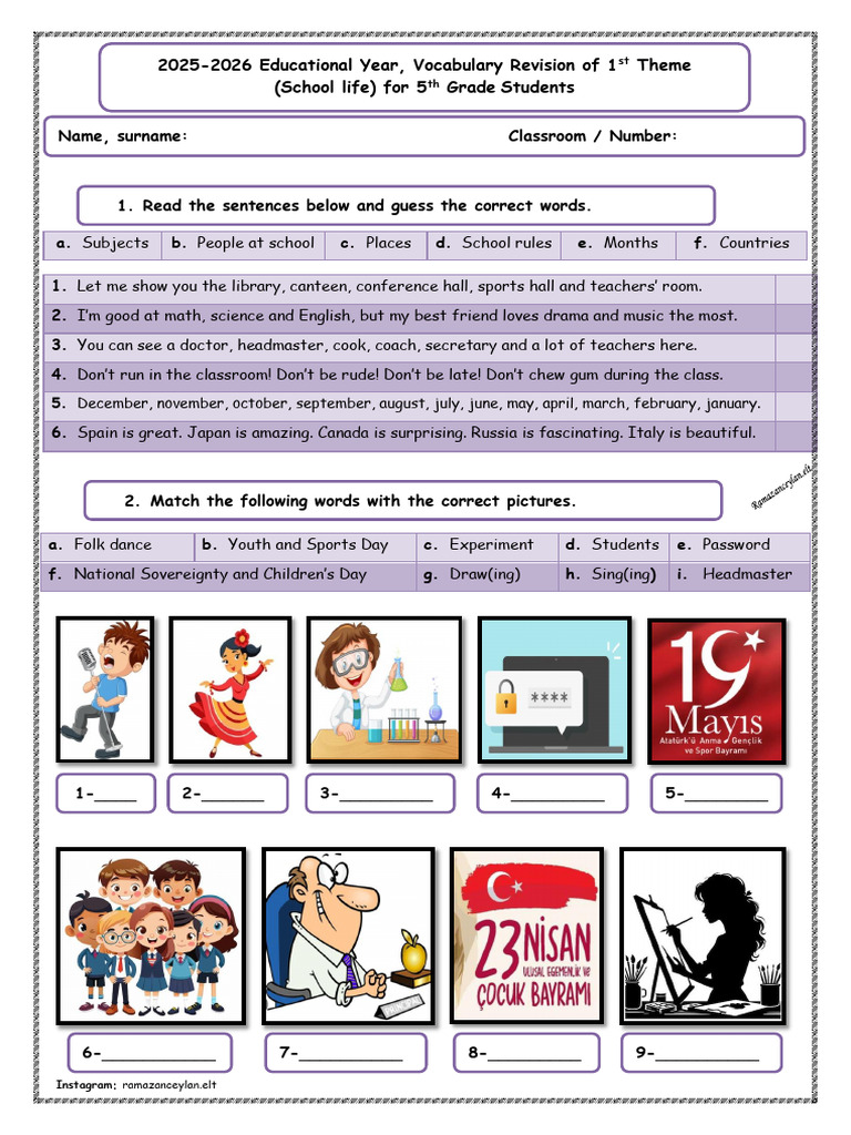 2025-2026, 5. Sınıf, 1. Tema, Vocabulary Revision by Ramazanceylan ...