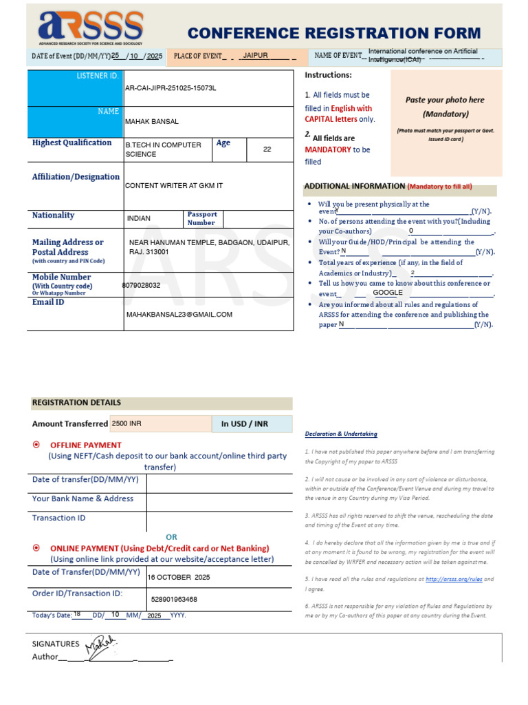 Arsss Listener Reg Form | PDF | Banks