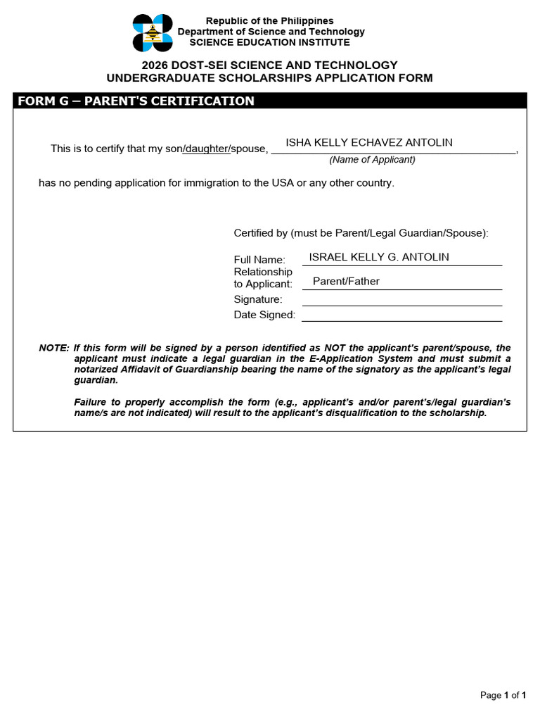 2026 DOST-SEI Scholarship Application Form | PDF