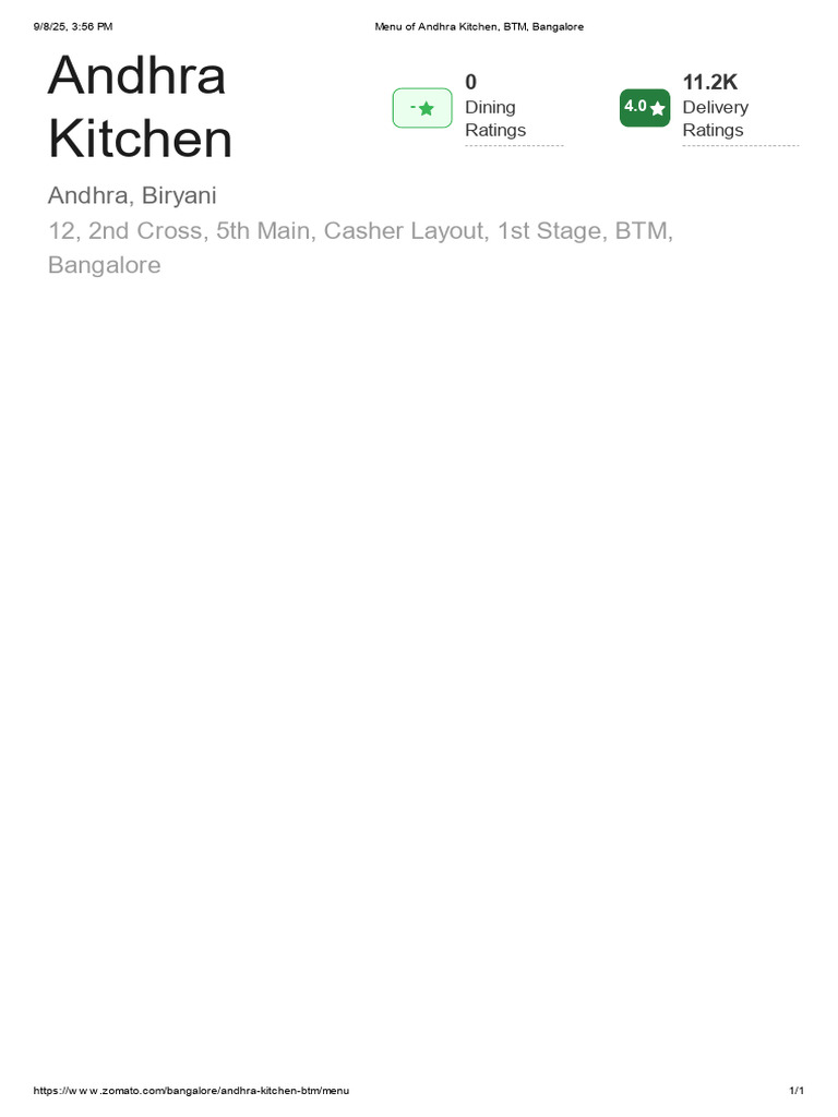Andhra Kitchen Menu and Ratings | PDF