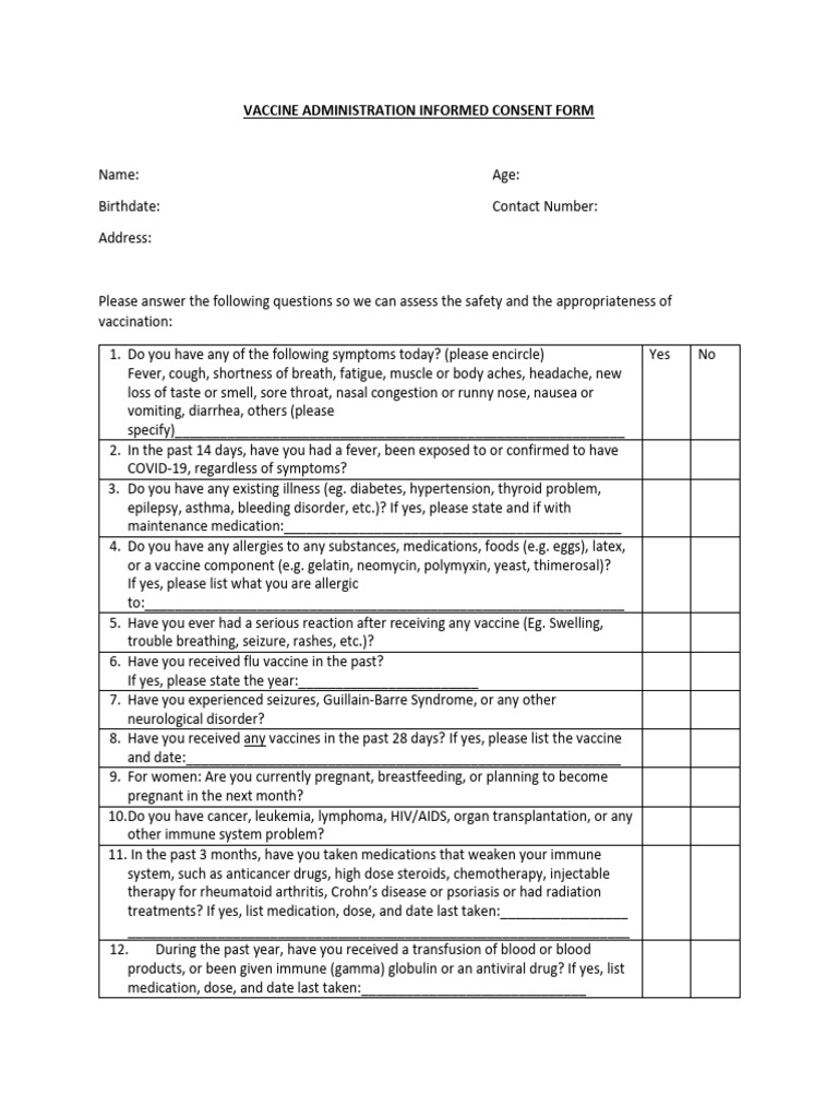 Vaccine Administration Informed Consent Form | PDF | Allergy | Chemotherapy