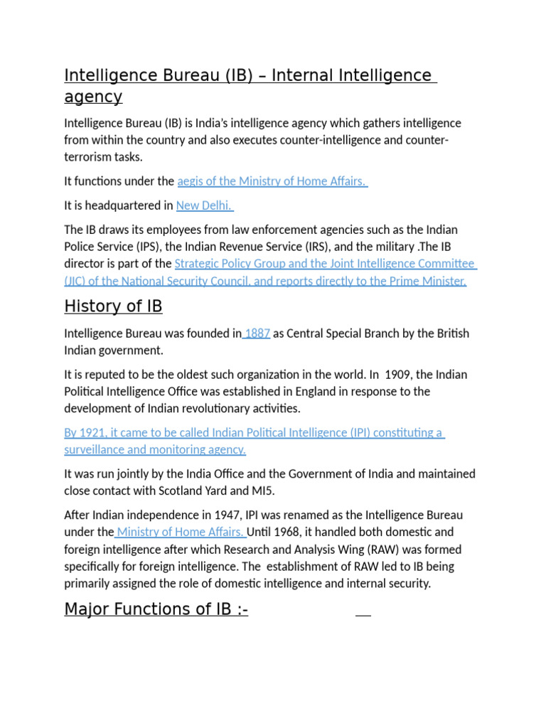 Intelligence Bureau | PDF | Government Of India | Intelligence Agencies