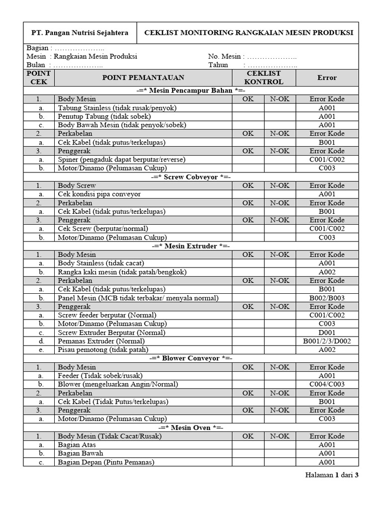 Ceklist Monitoring Rangkaian Mesin Produksi | PDF