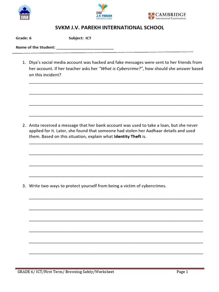 Grade 6 ICT Cyber Safety Worksheet | PDF | Cybercrime
