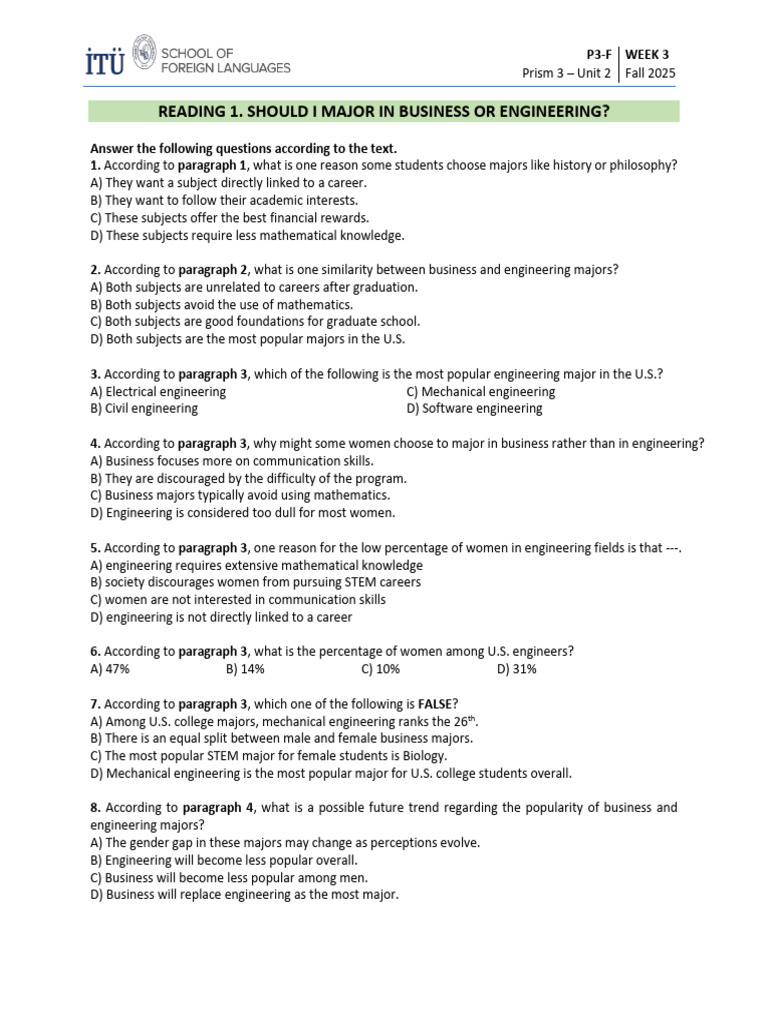 Prism 3 Unit 2 Text 1 - Should I Major in Business or Engineering ...