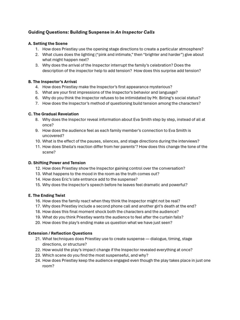 Guiding Questions - Suspense Questions in "An Inspector Calls" | PDF