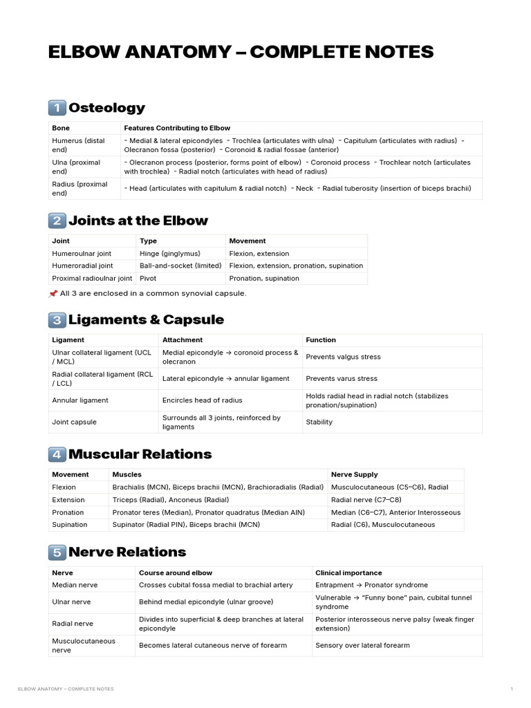 Elbow Anatomy Complete Notes | PDF | Elbow | Limbs (Anatomy)