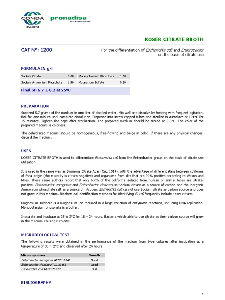 Citrate Differentiation Broth Guide | PDF | Growth Medium | Escherichia ...