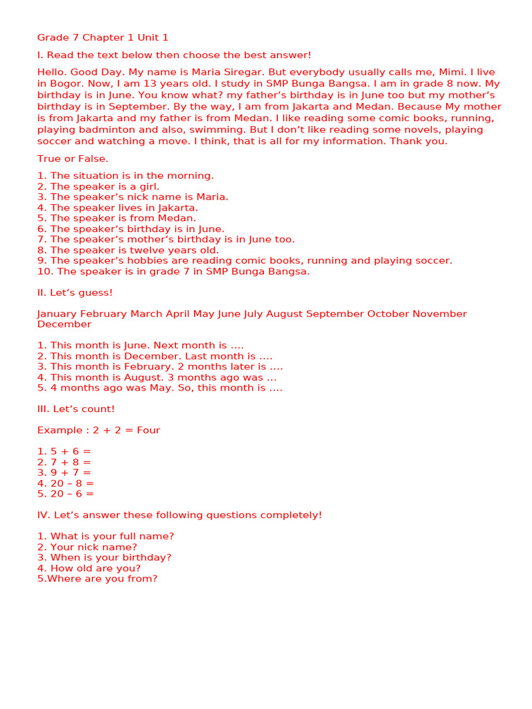 Grade 7 Unit 1: Personal Information Quiz | PDF