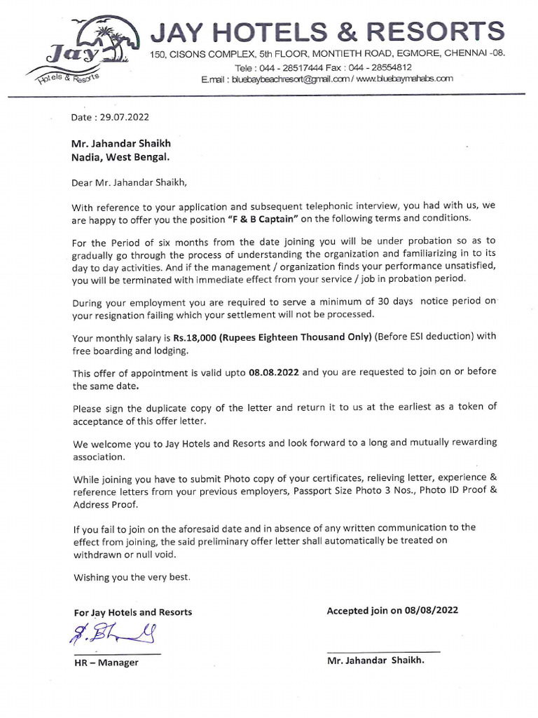 Offer Letter Jahandar | PDF