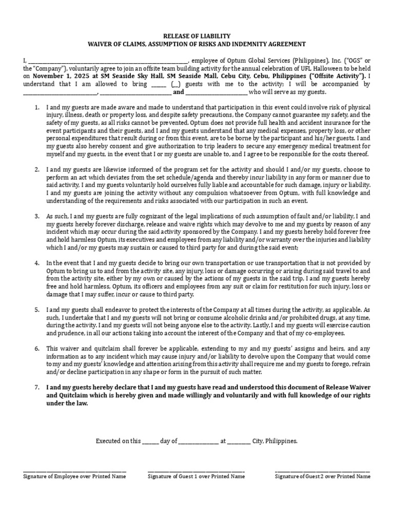 Optum Team Building Liability Waiver | PDF | Indemnity | Legal Liability