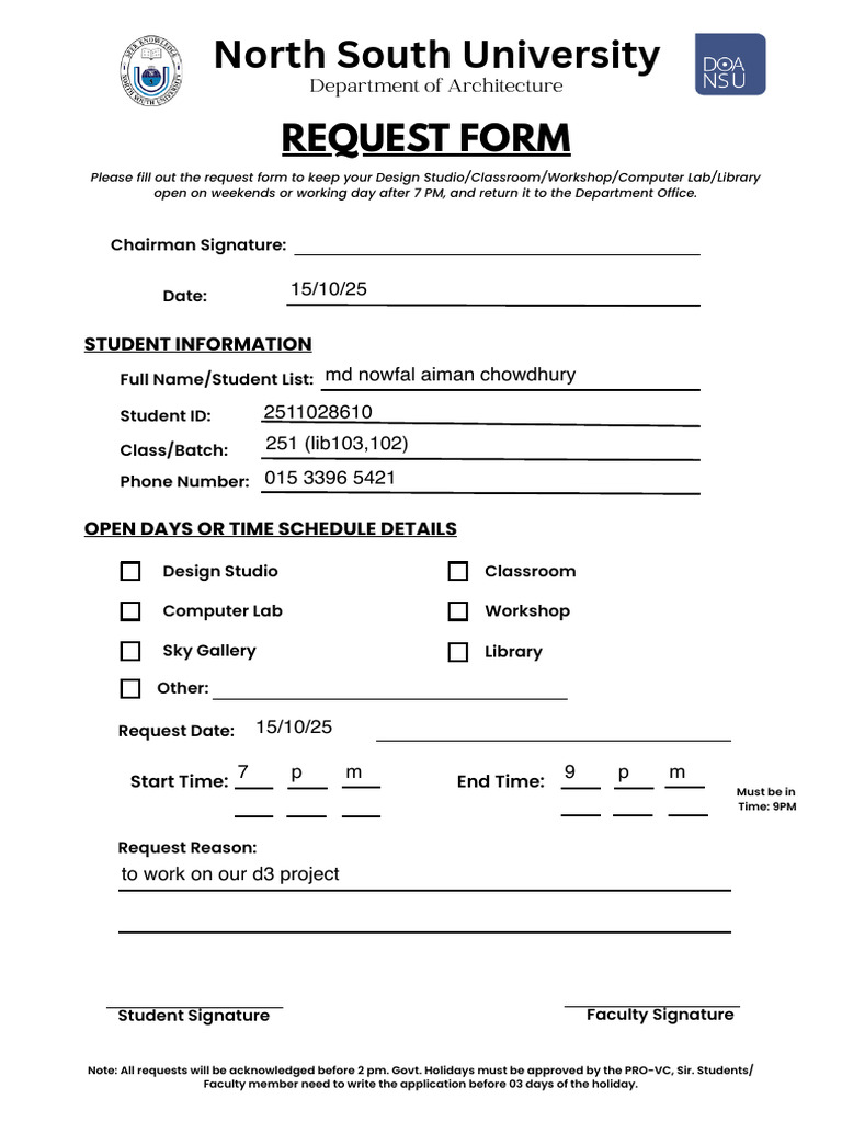 Classroom Workshop Lab Open Request Form | PDF