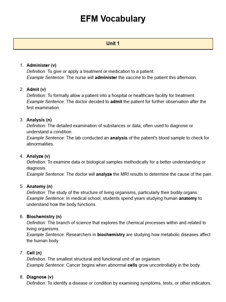 Efm Vocabulary Units 1 3 Pdf Pathology Blood Vessel