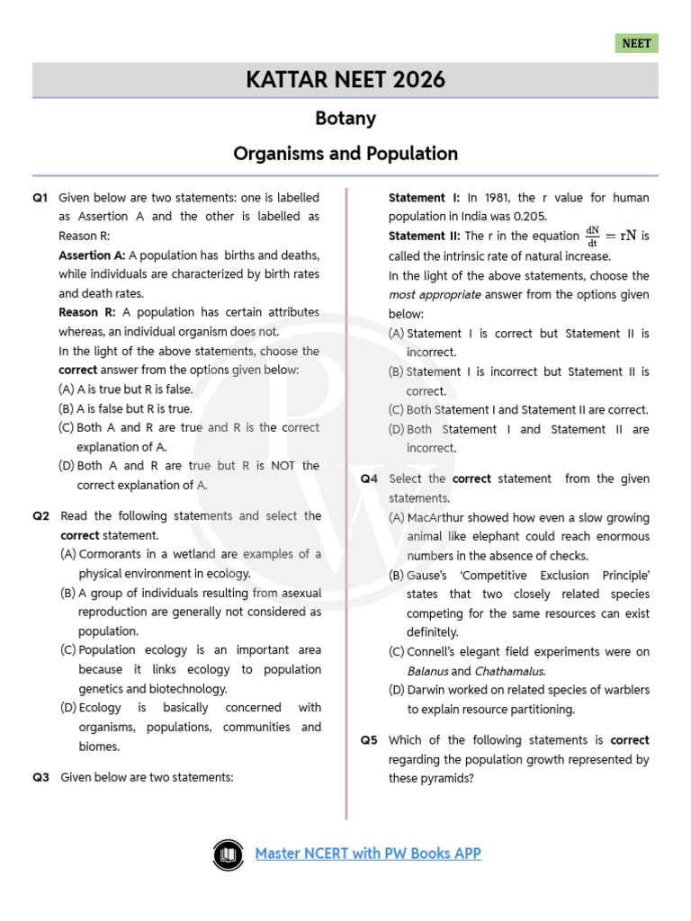 NEET 2026 Population Ecology Questions | PDF | Herbivore | Parasitism
