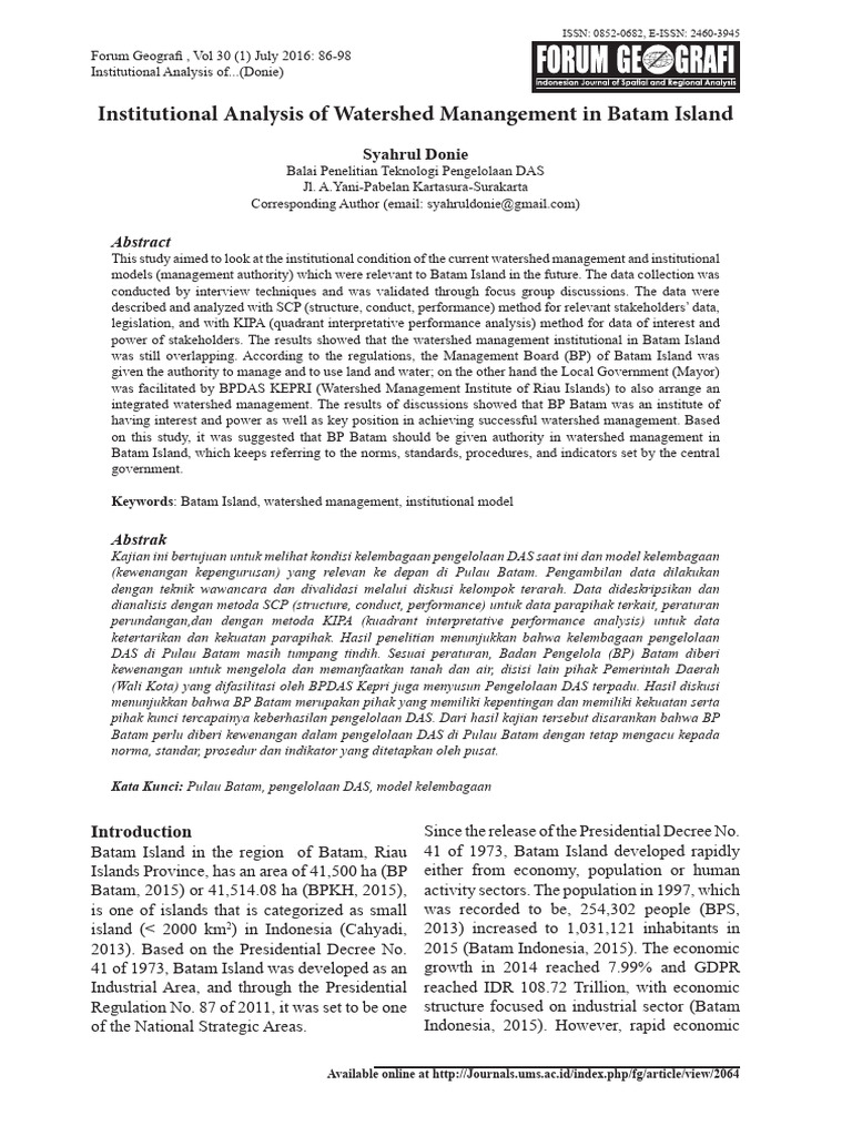 Institutional Analysis of Watershed Management in Batam Island | PDF ...