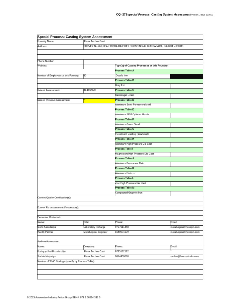 CQI-27 CastingProcessTable 01-11-20 | PDF | Foundry | Casting