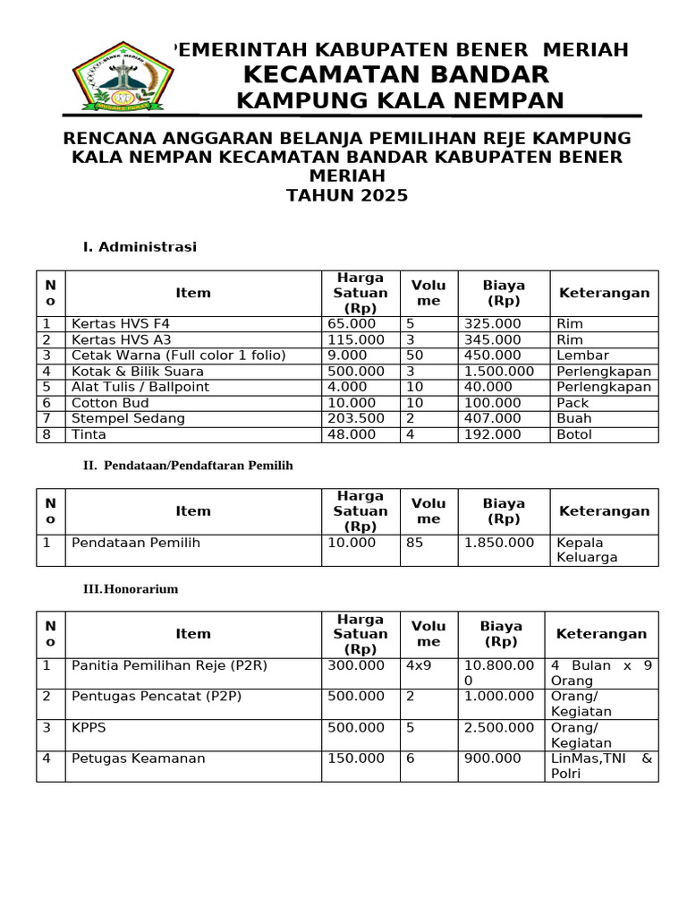RAB Pemilihan Reje Kampung Kala Nempan | PDF