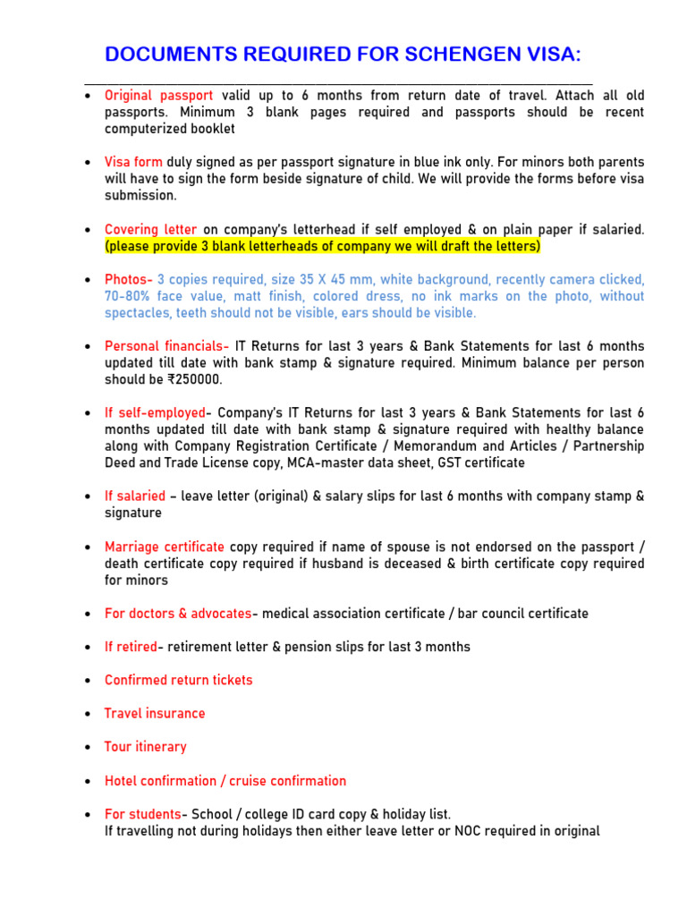 Schengen Visa Document Requirements | PDF | Travel Visa | Passport