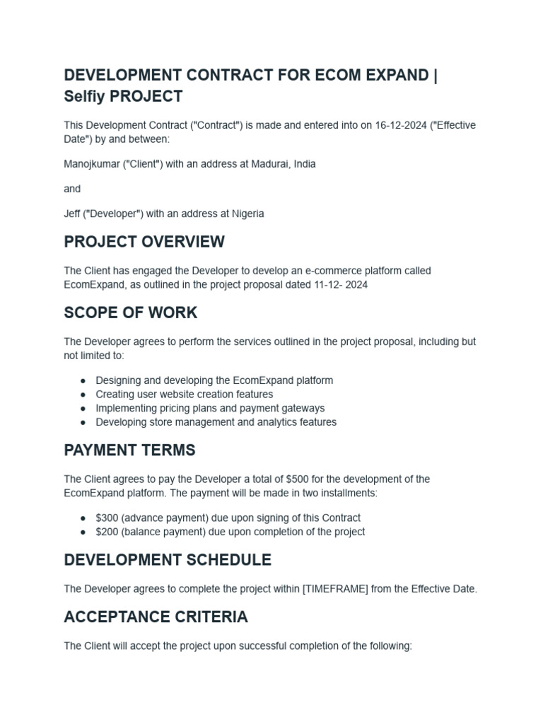 Development Contract for Ecom Expand _ Selfiy Project (1) | PDF