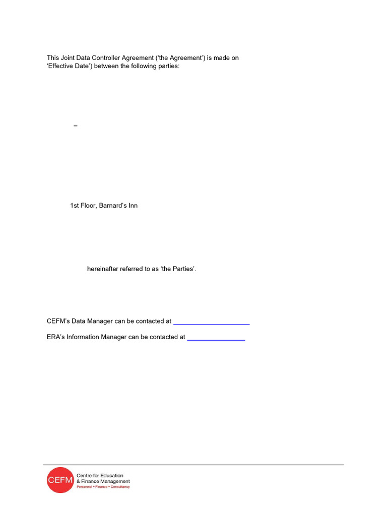 CEFM ERA Joint Data Controller Agreement | PDF | Indemnity ...