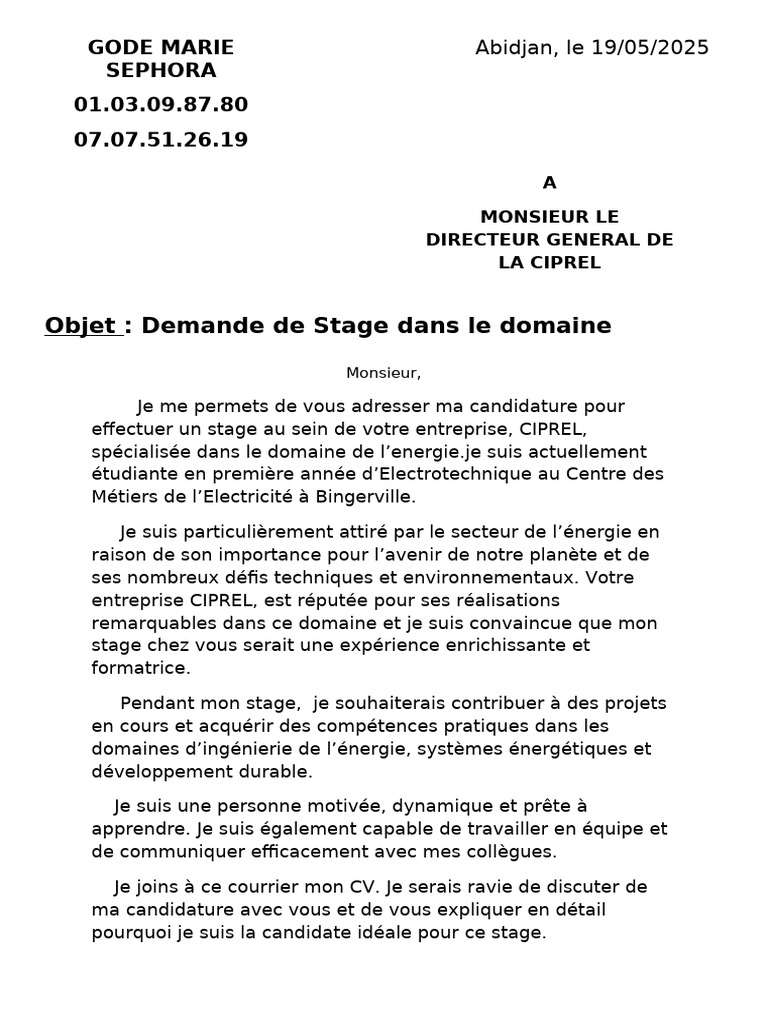 Demande de Stage en Énergie chez CIPREL | PDF