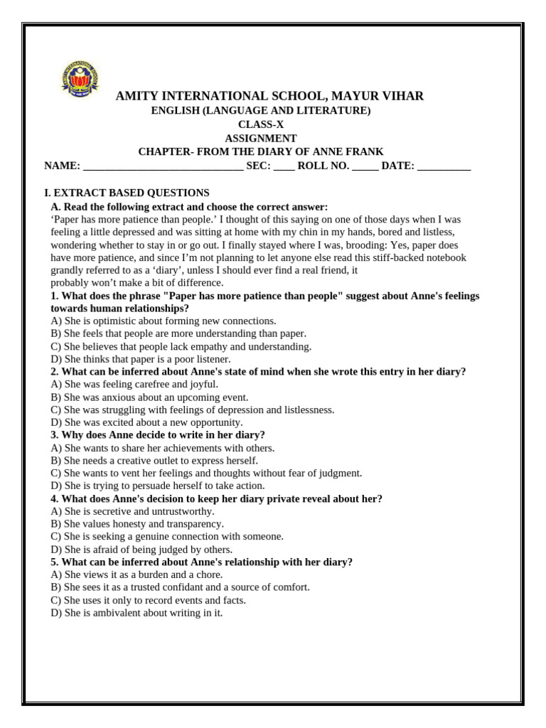 B0e21 - From The Diary of Anne Frank Questions | PDF | Courage | Emotions