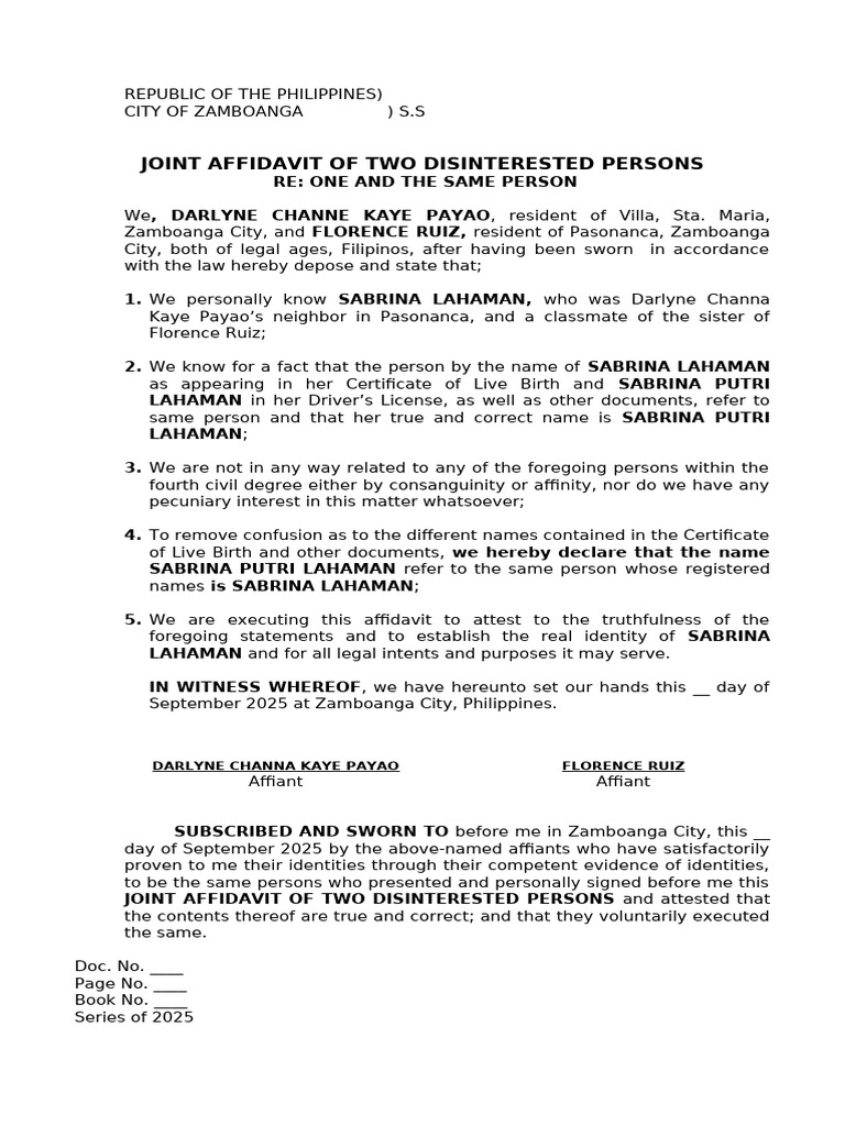 Joint Affidavit for Sabrina Lahaman Identity | PDF
