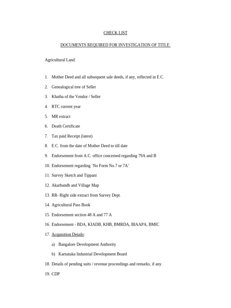 Check List of Docs - Title Investigation (Agricultural Property) | PDF