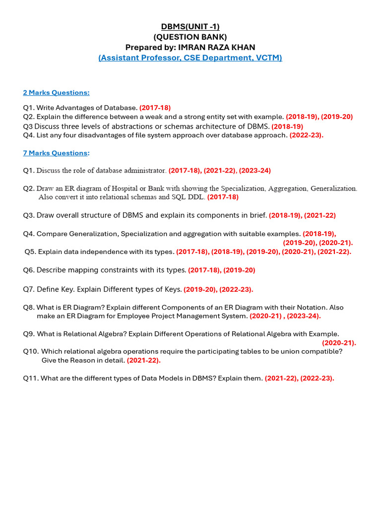 DBMS - Q.bank (Unit-1) | PDF