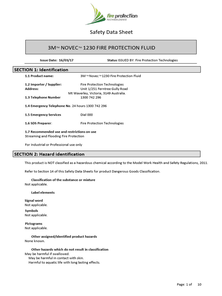 3M Novec 1230 Fire Protection Fluid SDS | PDF | Toxicity | Personal ...