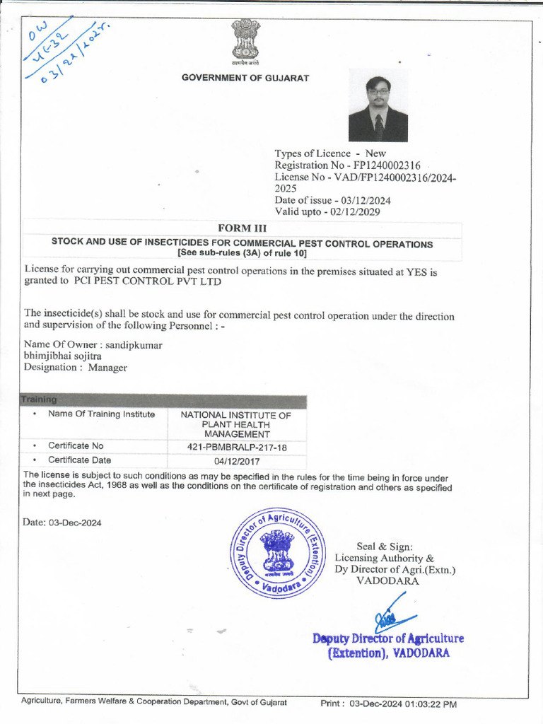 License of STOCK and USE of Insecticides For Commercial Pest Control ...