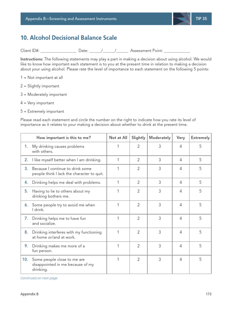 Alcohol Decisional Balance Scale | PDF