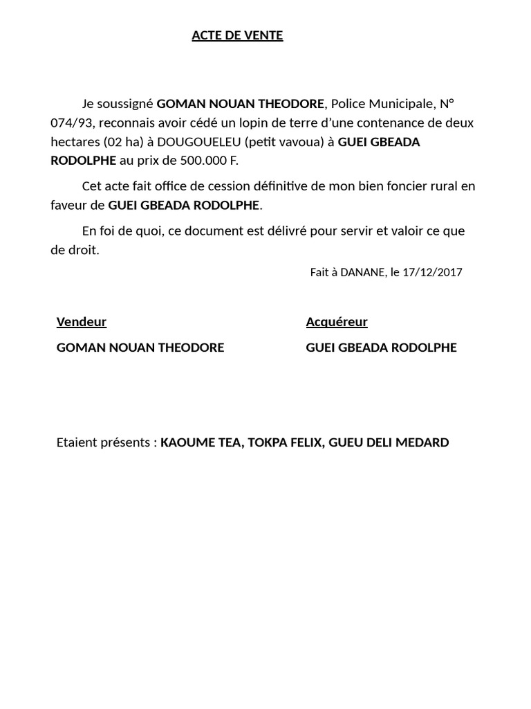 Cession de terrain à Danané : acte officiel | PDF