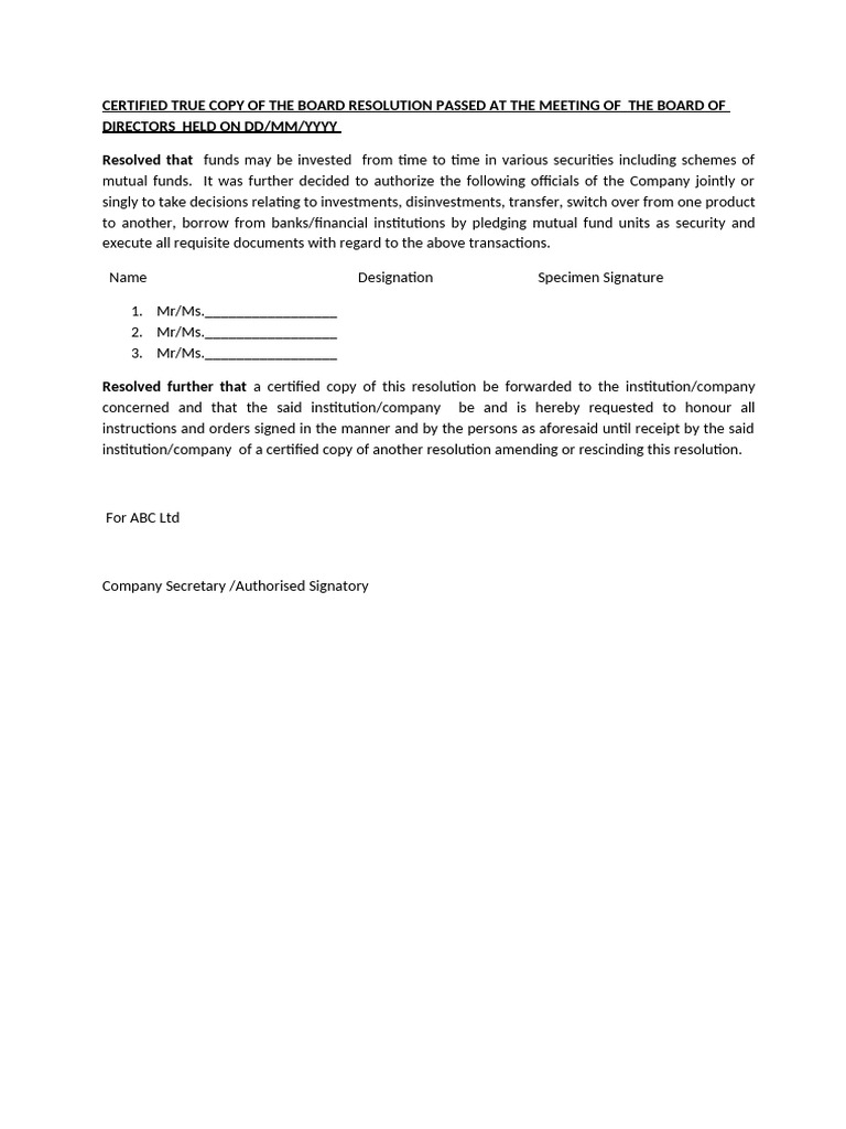 Board Resolution for Mutual Fund Investment | PDF