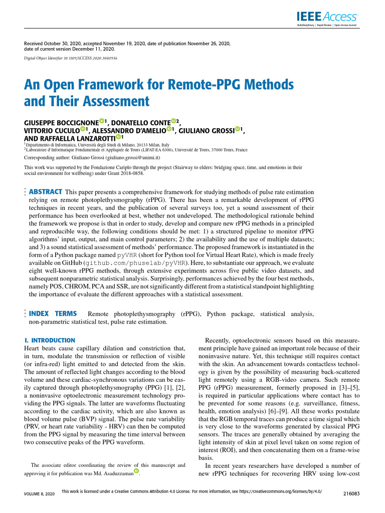 An Open Framework For Remote-PPG Methods and Their Assessment | PDF ...