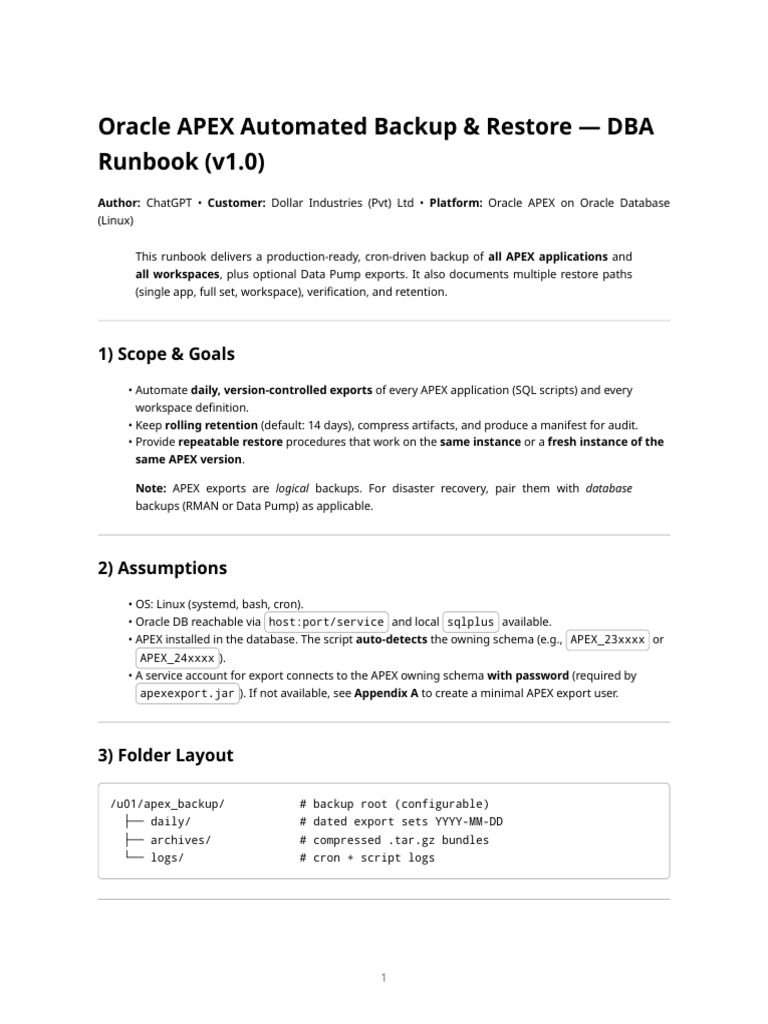 Oracle APEX Backup & Restore Runbook | PDF | Databases | Backup